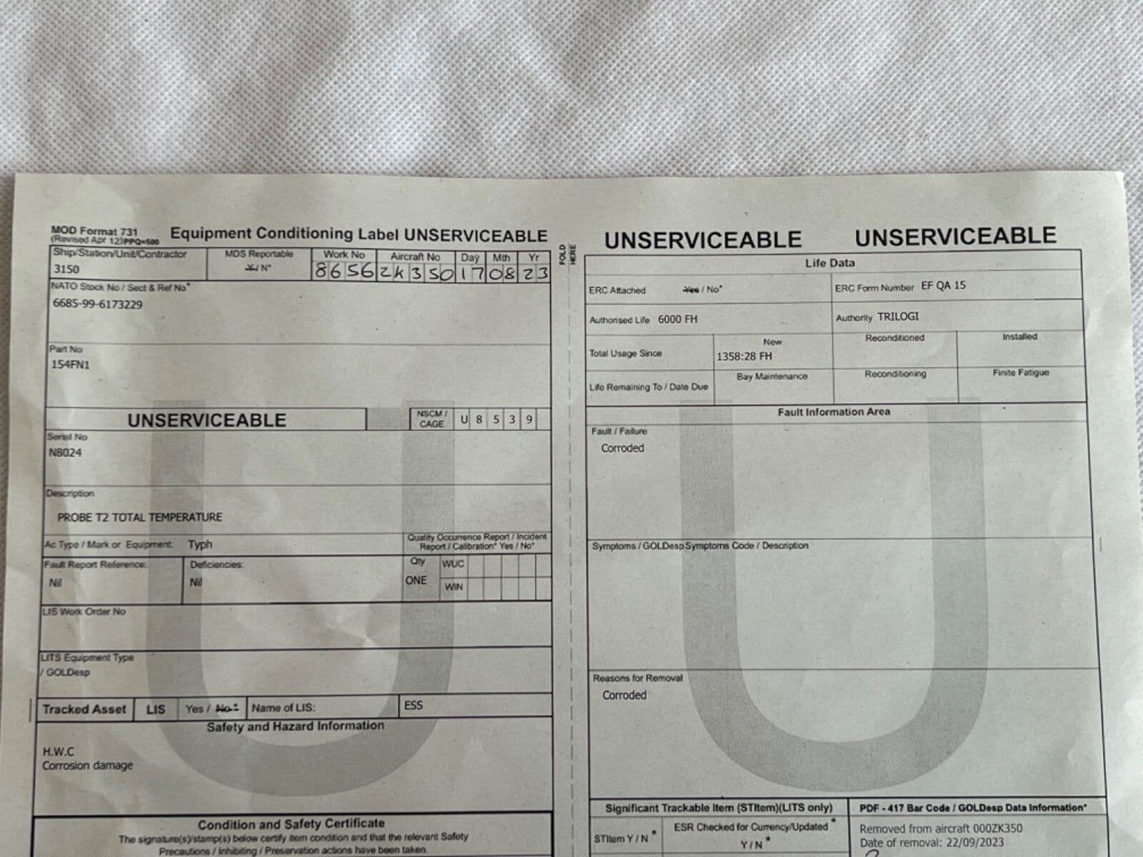 Eurofighter Typhoon Aircraft T2 Total Temperate Probe From ZK350 D5C
