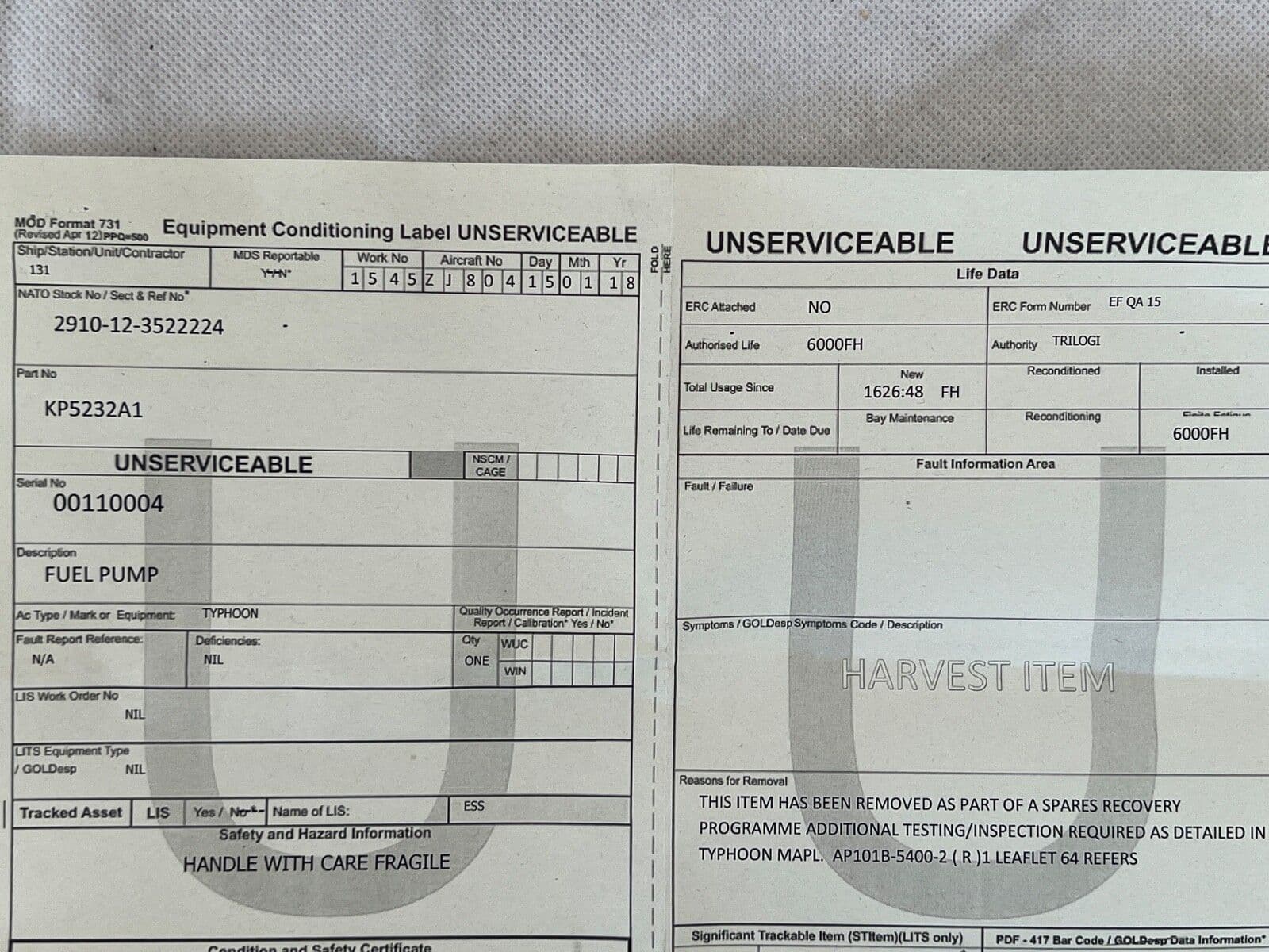 Eurofighter Typhoon R/H Rear AC/DC Engine APU Fuel Boost Pump From ...