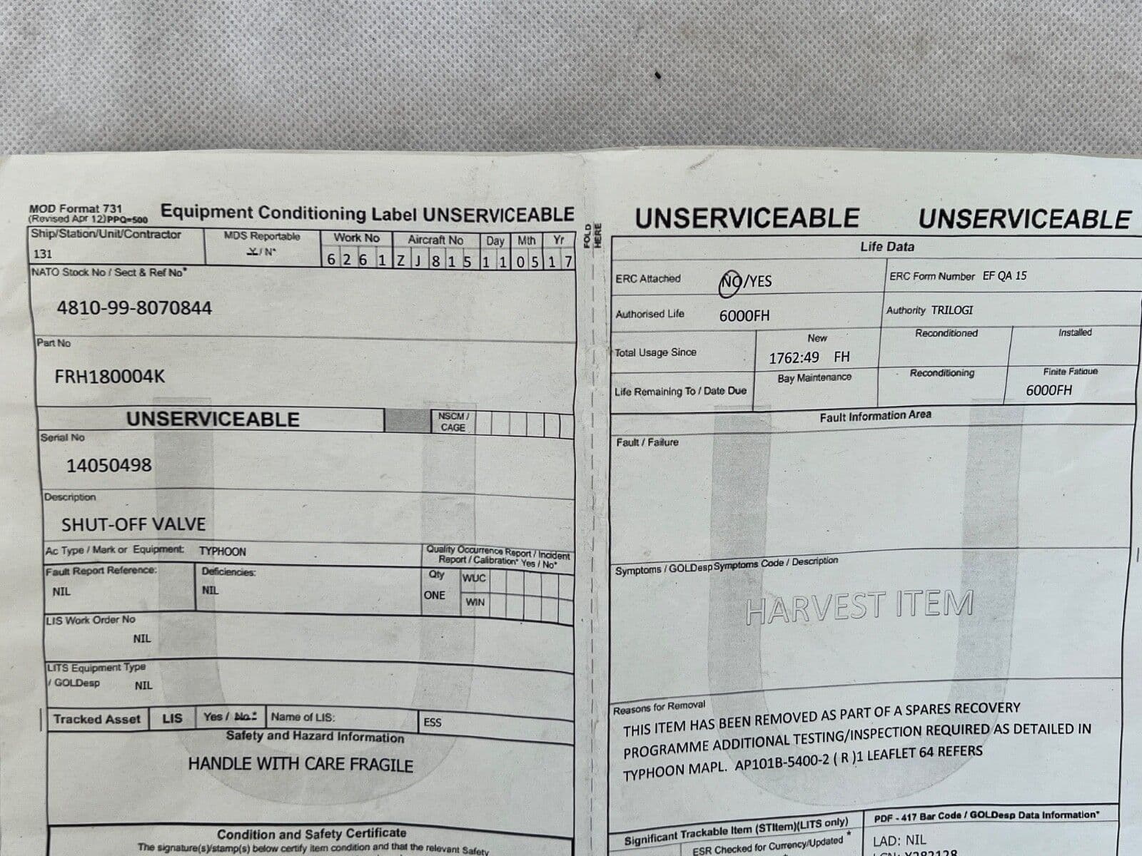 Eurofighter Typhoon Rear Tank Fuselage Refuel Shut-Off Valve ZJ815 D5D