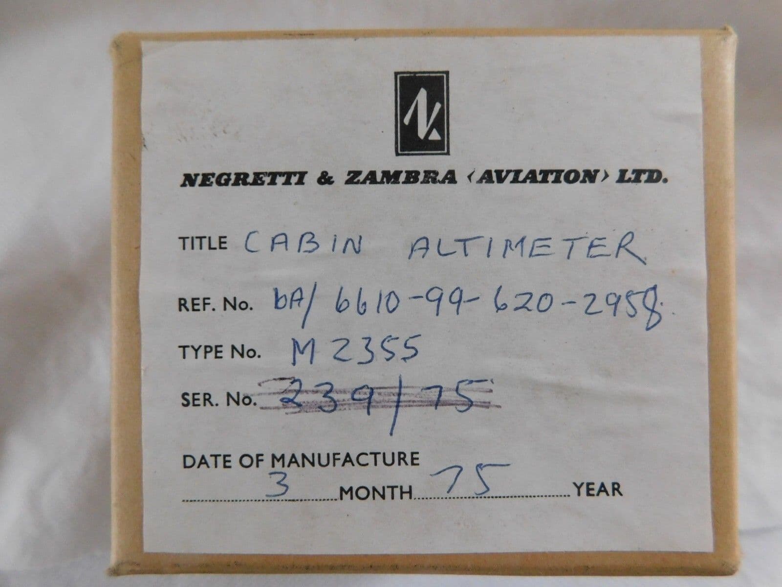 Ex RAF Aircraft Cabin Altimeter Type M2355 D5B