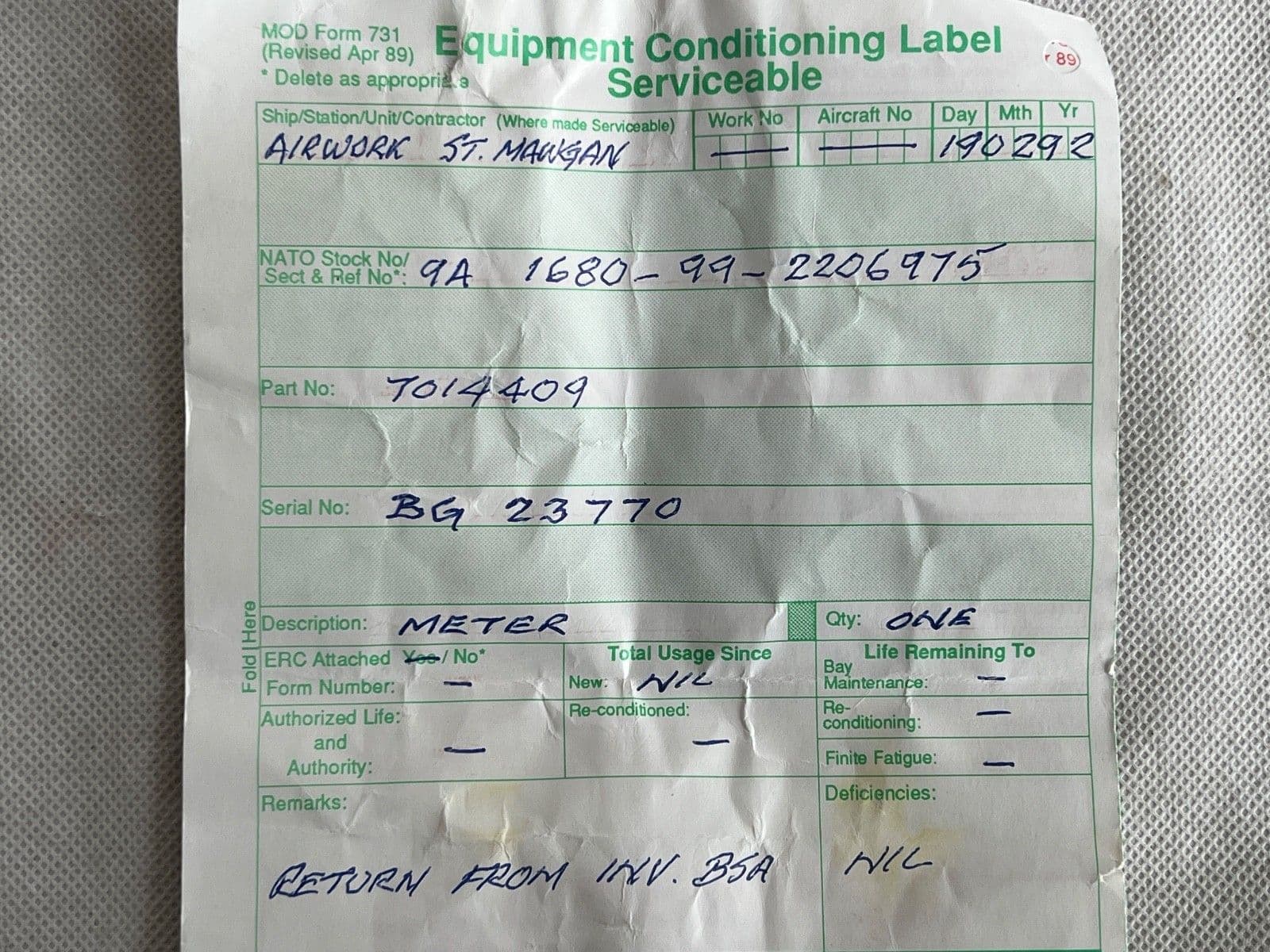 Ex RAF Aircraft Height Indicator Meter 0-5000 Sangamo Weston Ltd 1R8C