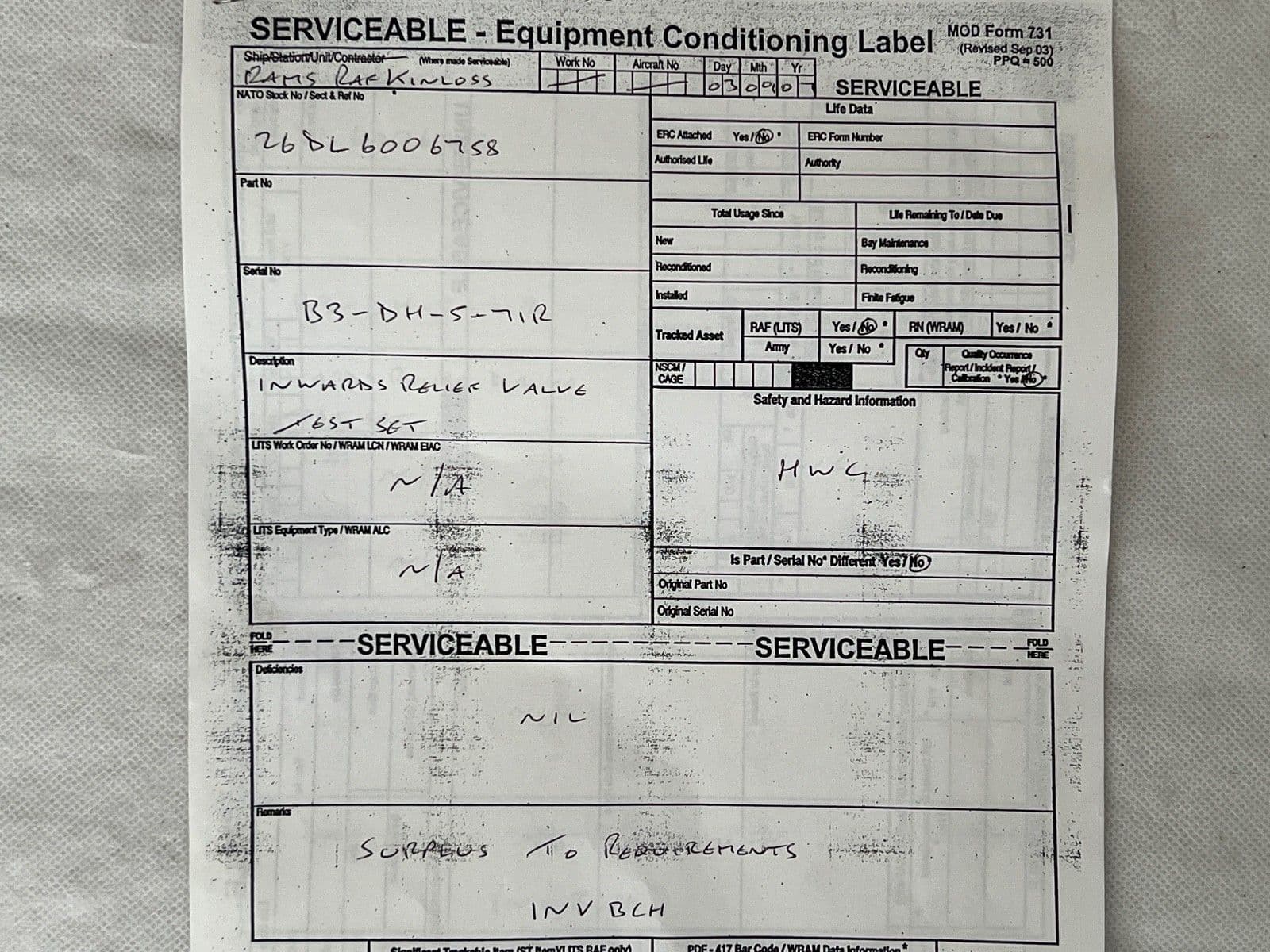 Ex RAF Aircraft Inwards Relief Valve Suction Test Set W1DS1111 D6D
