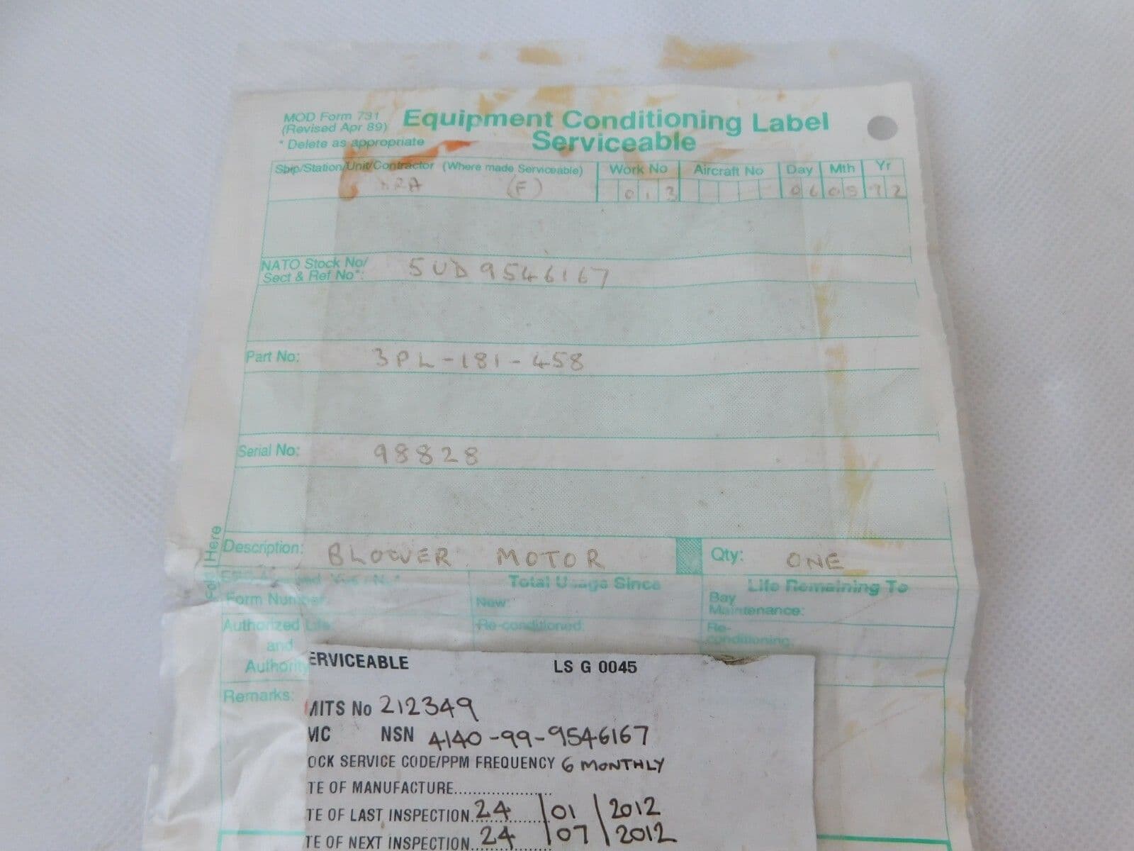 Ex RAF Aircraft Plannair Blower Fan 28V DC Part No 3PL-181-458 1R9A