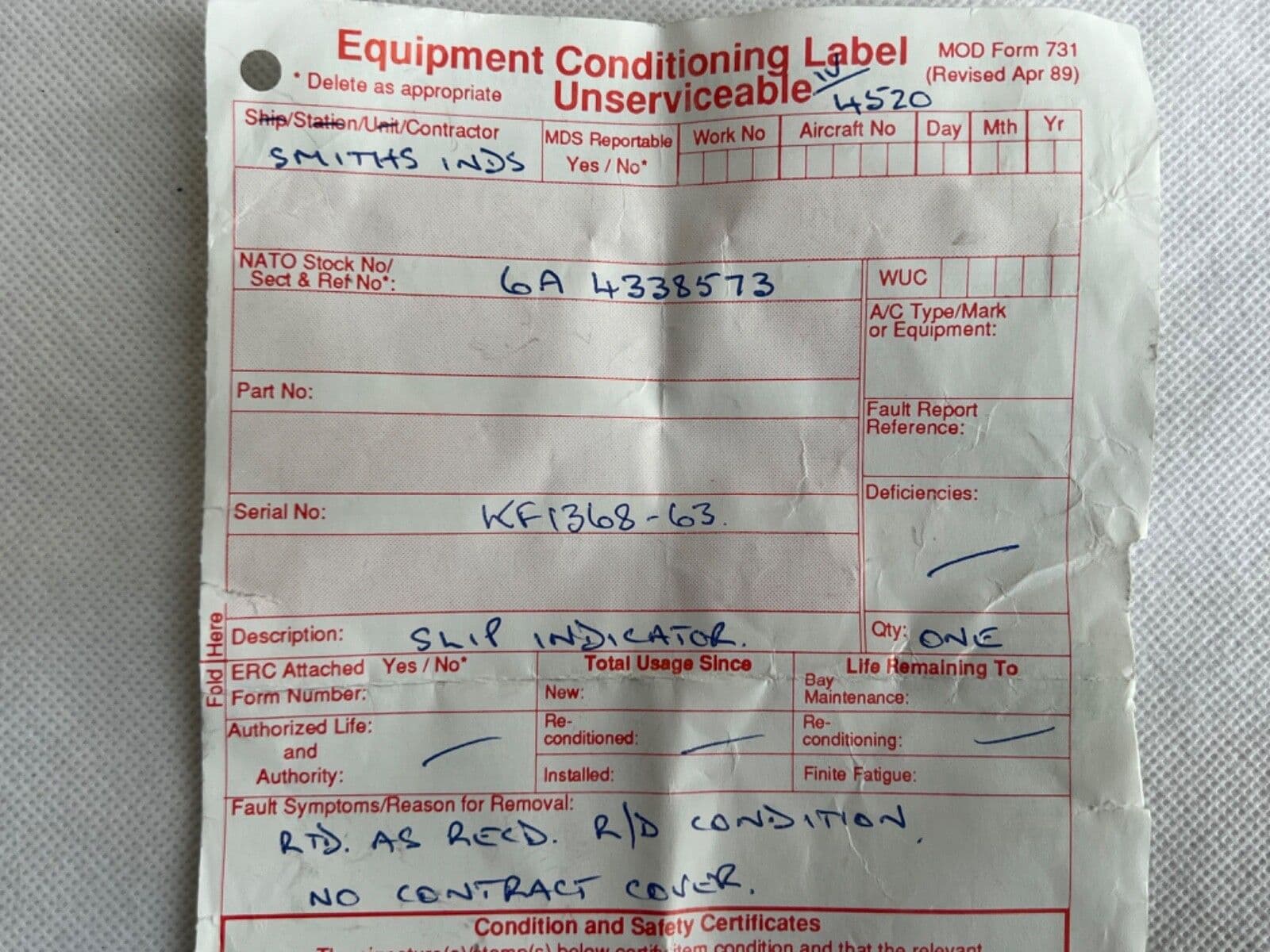 Ex RAF Aircraft Smiths Industries Slip Indicator Type No 0102K D5D