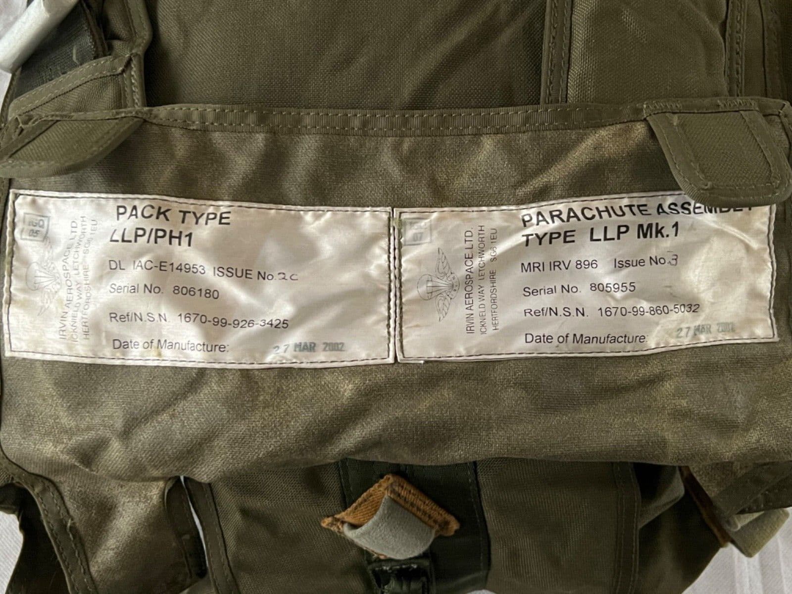 Ex RAF Irvin Type LLP MK1 Parachute Assembly Green PL54