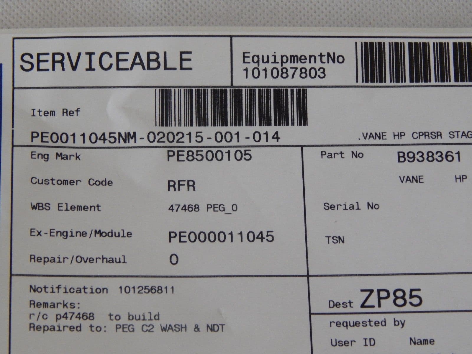 Harrier Pegasus Jet Engine Blade High Pressure Stage 3 Compressor Vane 1R6E