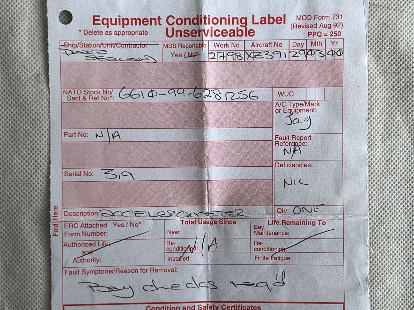 Jaguar Aircraft Indicating Accelerometer From XZ391 D5D
