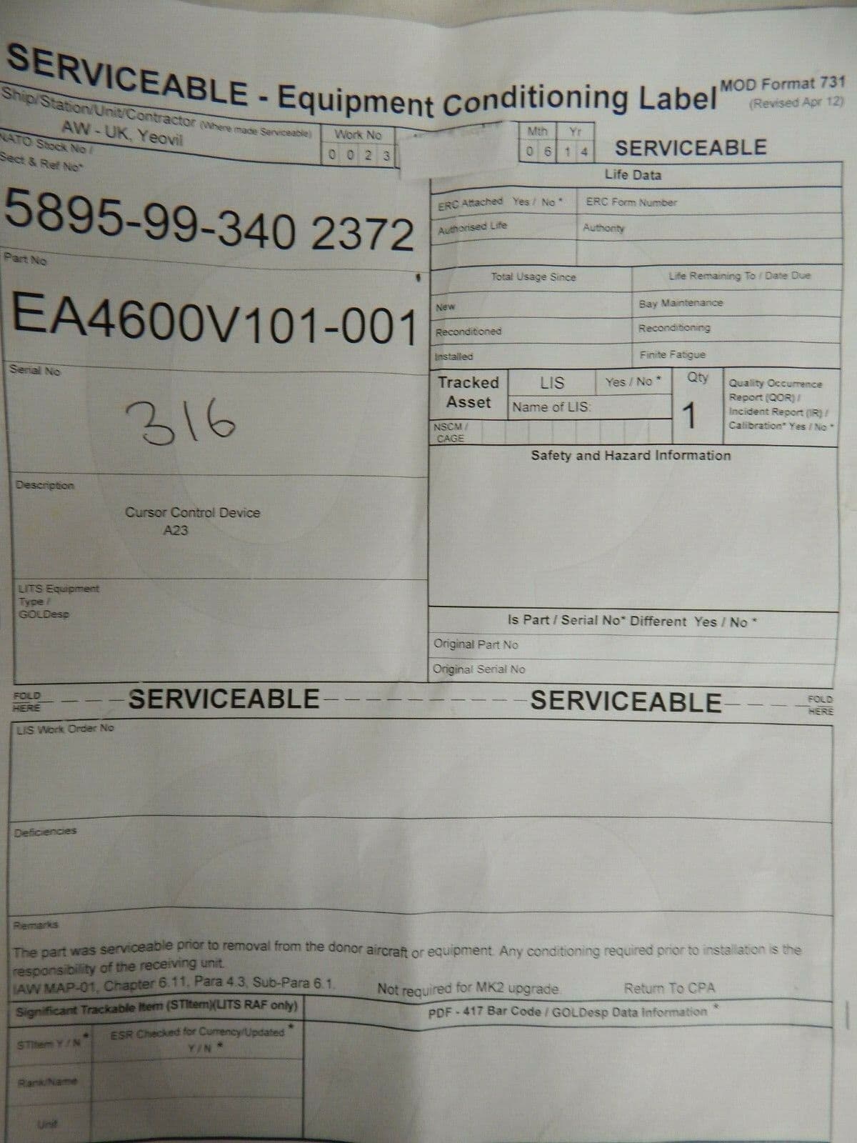 Merlin Helicopter Cursor Control Device Part No EA4600V101-001 GR1B