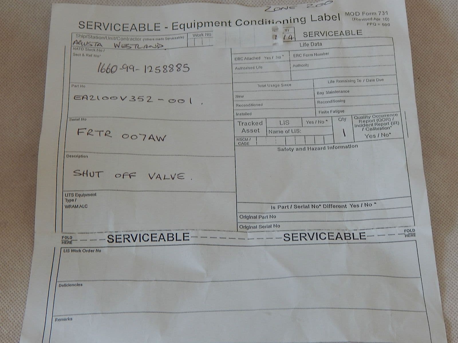 Merlin Helicopter Shut Off Valve Type FR-HITEMP with Actuator 1R10A