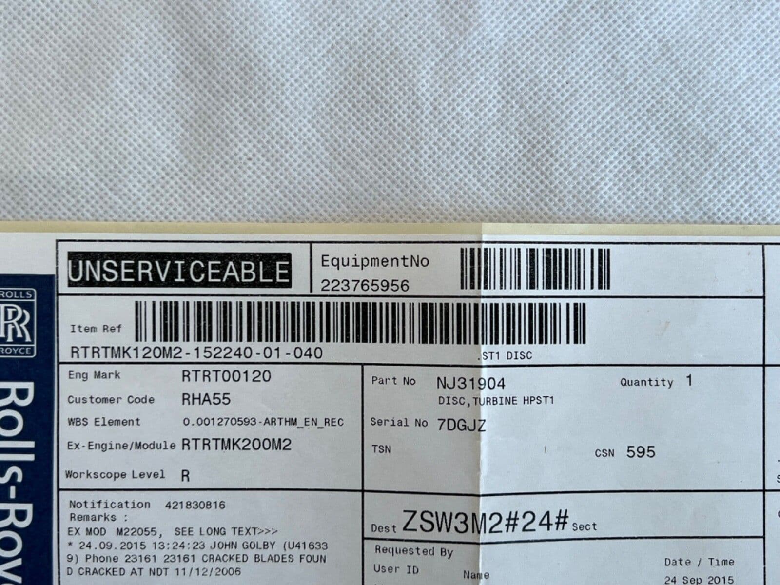 Merlin or Apache Helicopter RTM322 MK120 Jet Engine HP Stage 1 Disc CN8A