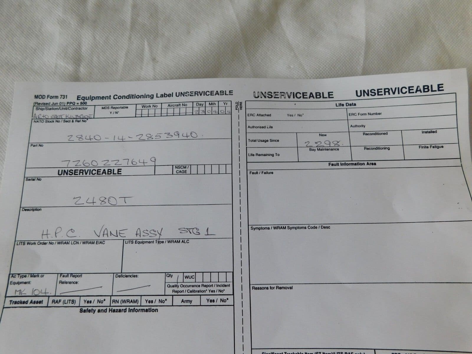 Rolls Royce Adour Jet Engine Stage 1 High Pressure Stator Vane PL25