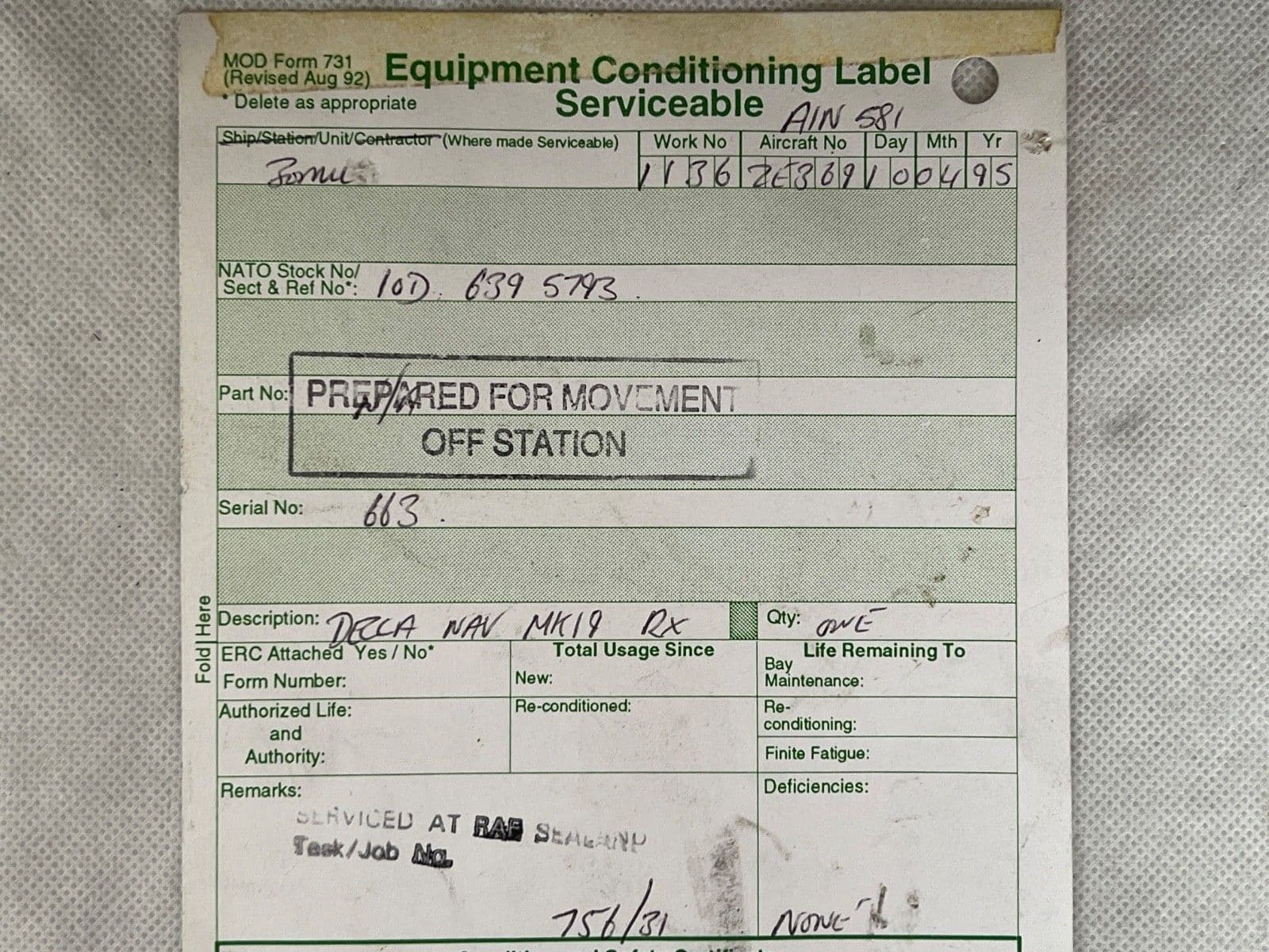 Sea King Helicopter Decca MK19 Receiver Radio From ZE369 PL53
