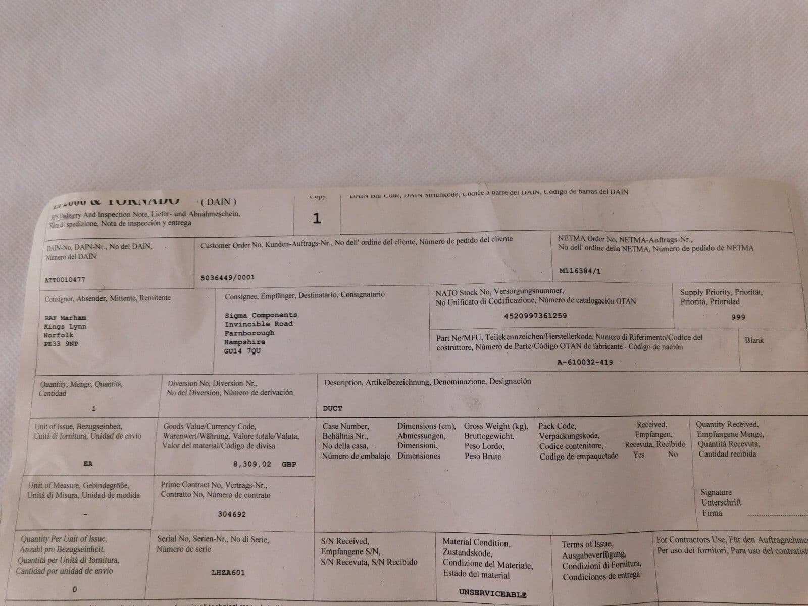 Tornado Aircraft GR4 L/H Pre Cooler Duct From ZA601 D4C