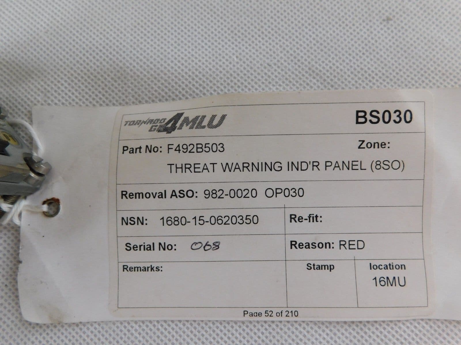 Tornado Aircraft Threat Warning Indicator Panel Part No F492B503 D4B