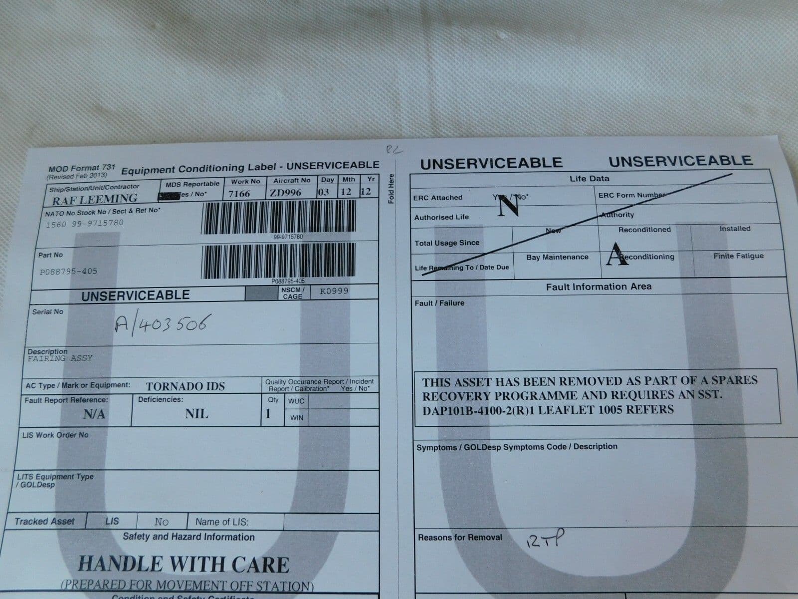 Tornado GR4 Aircraft FLIR Fairing Assembly From ZD996 PL12