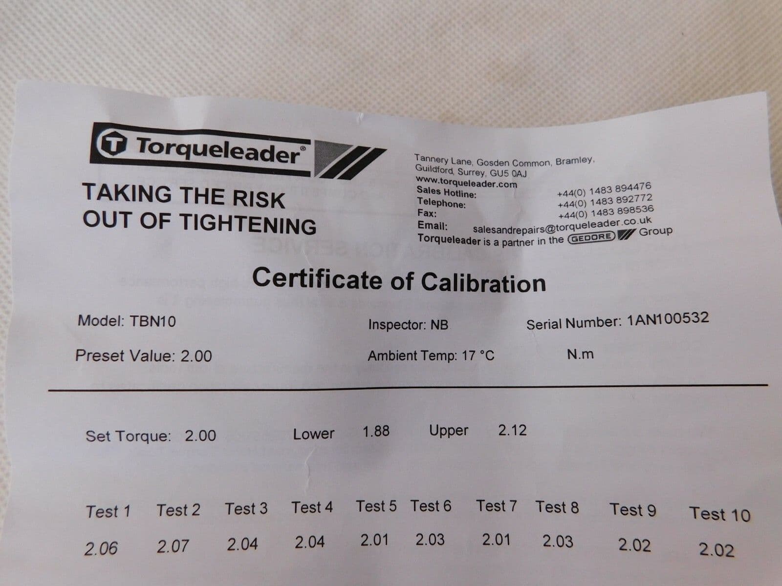 Torqueleader 13/16 Torque Spanner Model TBN10 Set At 2N m 1R7B