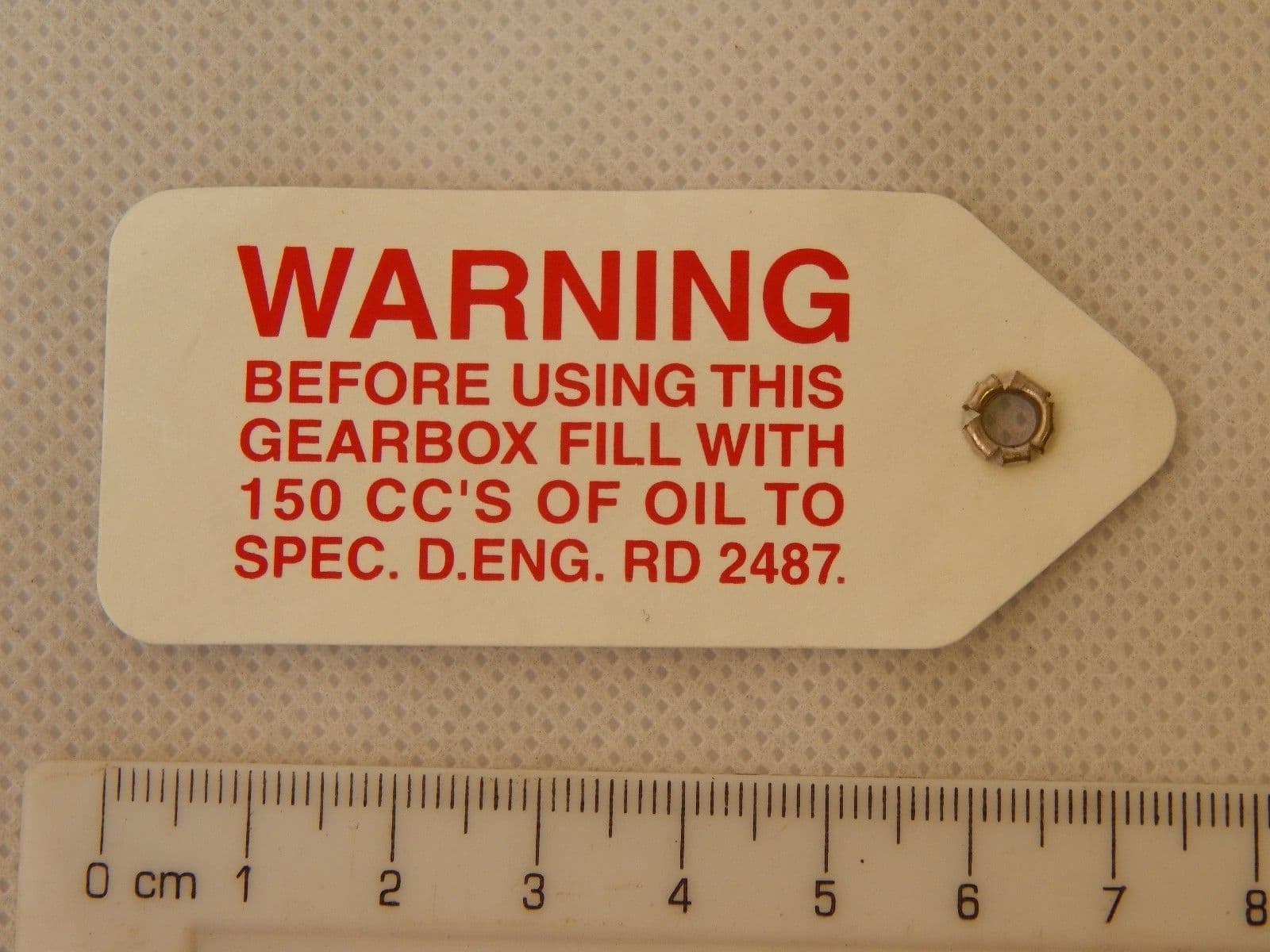WARNING Label for Gearbox Oil Level 7 5 x 3 5cm J15