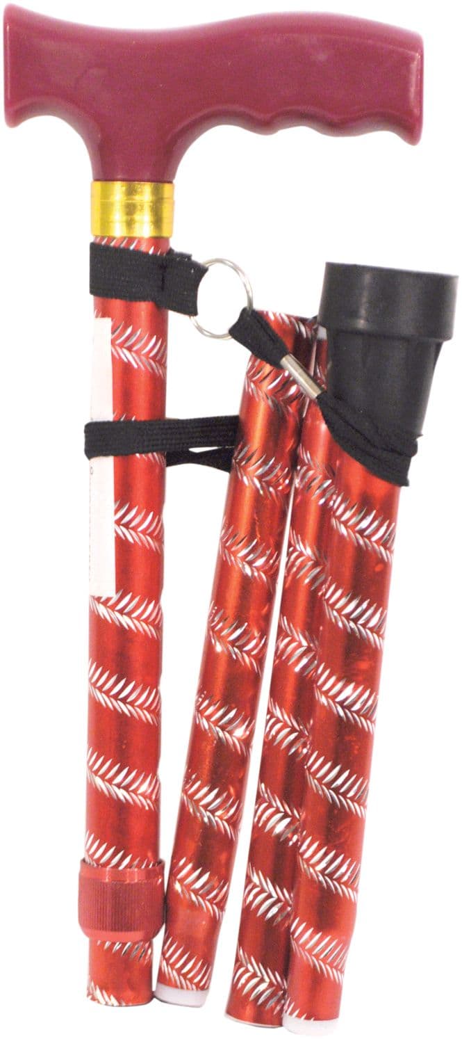 FOLDING WALKING STICK RED with Engraved Pattern