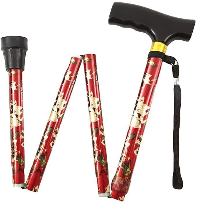 NRS FOLDING WALKING STICK-RED FLORAL