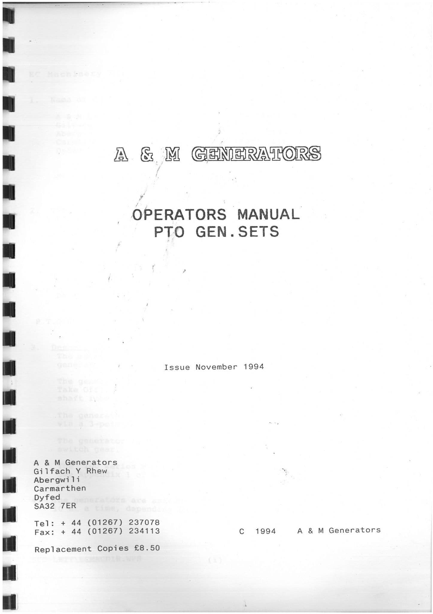 A & M Generators PTO Gen Sets Operators Manual