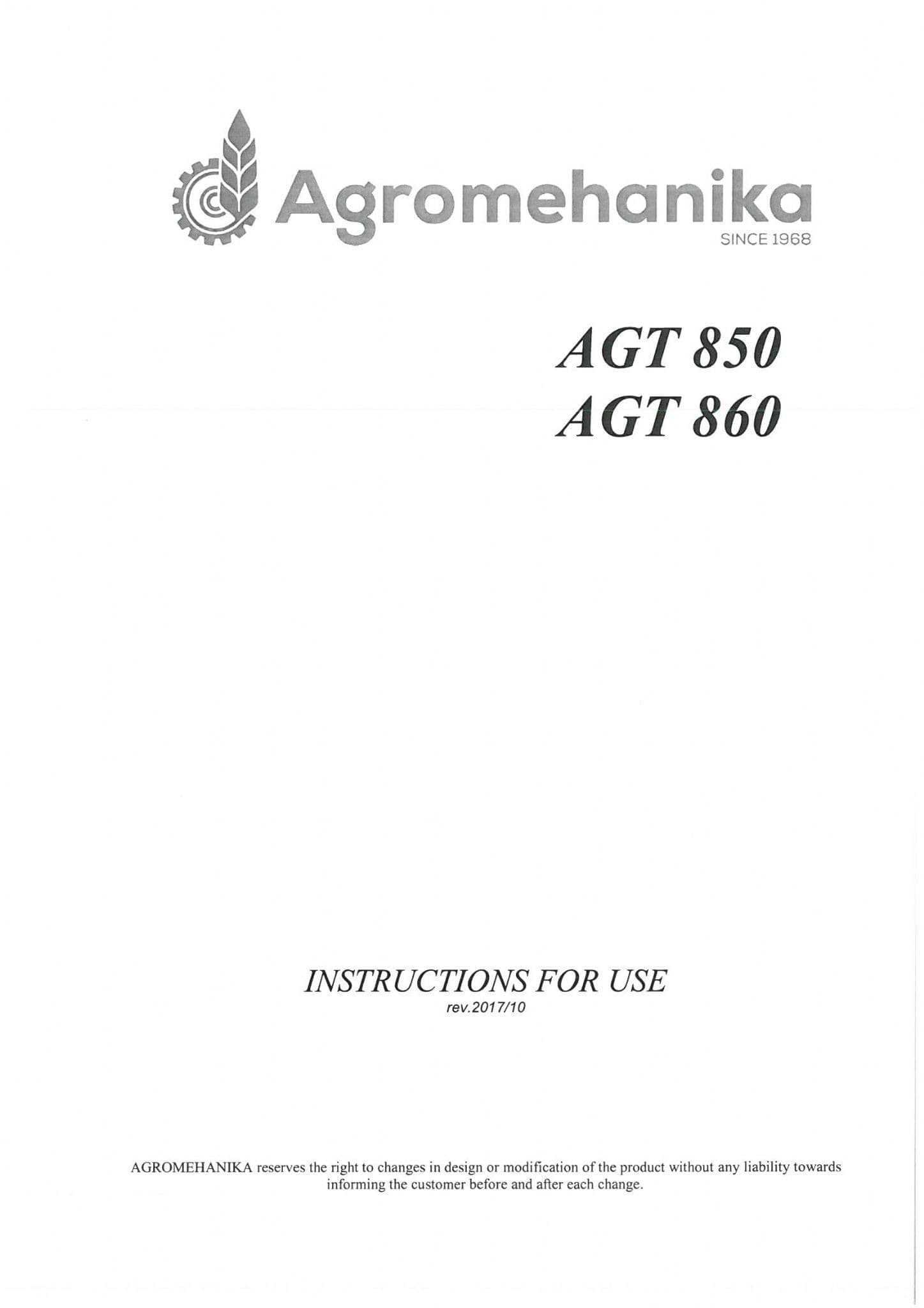 Agromehanika Tractor AGT850 AGT860 Operators Manual