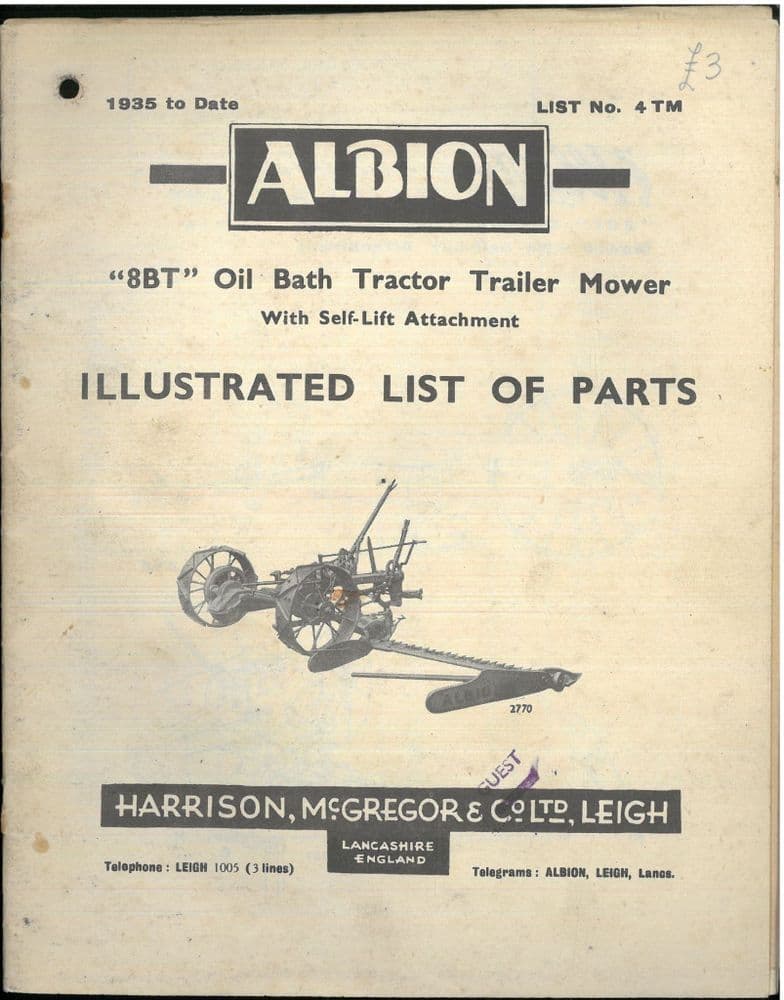 Albion 8bt Oil Bath Tractor Trailer Mower Parts Manual