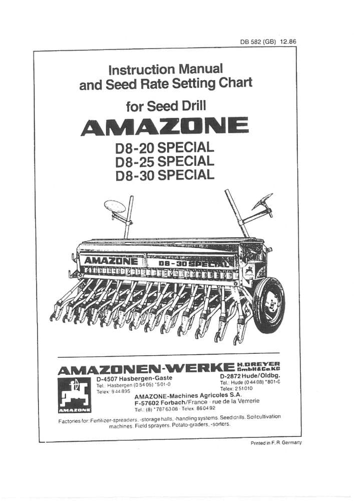 Amazone Seed Drill D8-20 D8-25 D8-30 SPECIAL Operators Manual