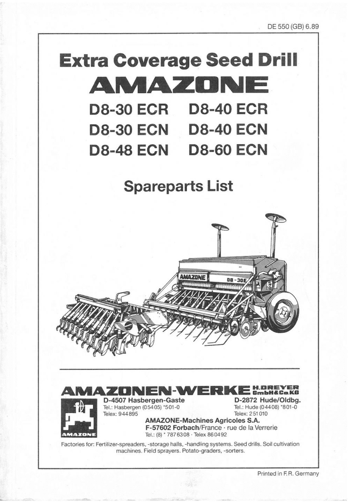Amazone Seed Drill Extra Coverage D8-30 D8-40 D8-48 D8-60 ECR ECN Parts Manual
