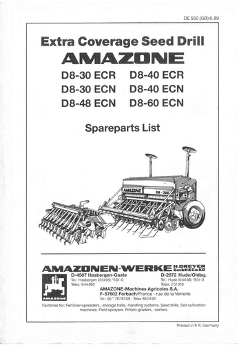 Amazone Seed Drill Extra Coverage D8-30 D8-40 D8-48 D8-60 ECR ECN Parts ...