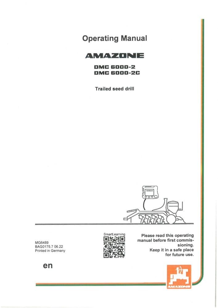 Amazone Trailed Seed Drill DMC 6000-2 6000-2C Operators Manual
