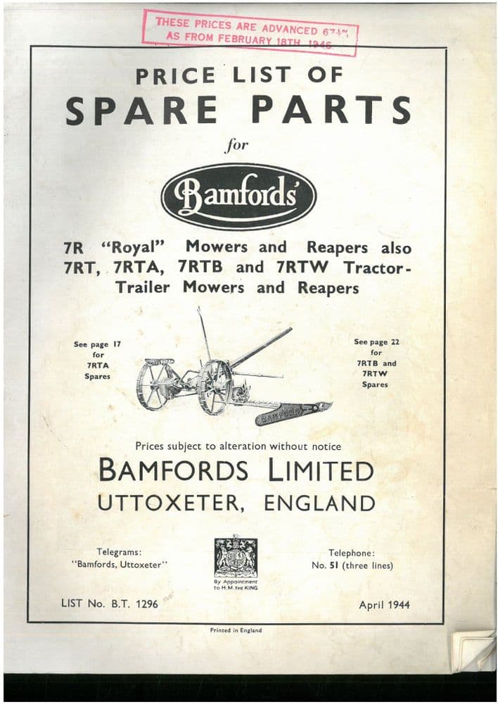 Bamfords Mower Reaper 7R Royal & 7RT 7RTA 7RTB 7RTW Parts Manual