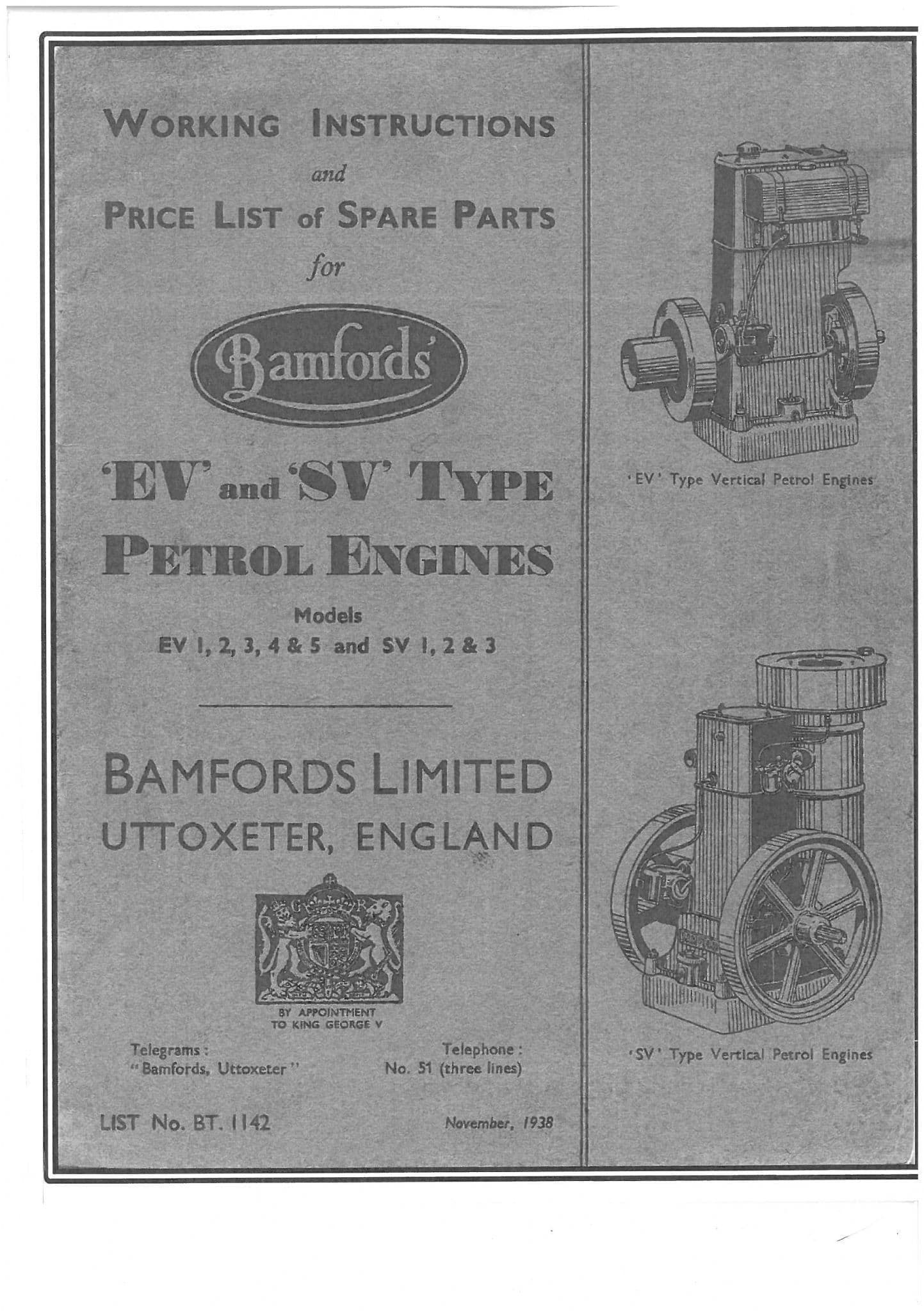 Bamfords Petrol Engine EV & SV - Models EV1 EV2 EV3 EV4 EV5 & SV1 SV2 SV3 Operators & Parts Manual