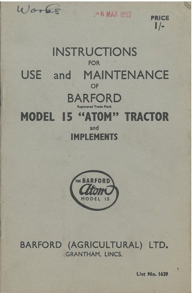 Barford Atom 15 Tractor and Implements Operators Manual