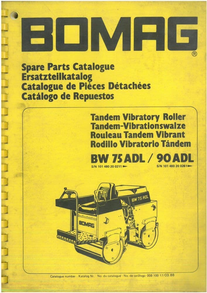 Bomag Tandem Vibrating Roller BW75ADL 90ADL Parts Manual BW 75 90 ADL