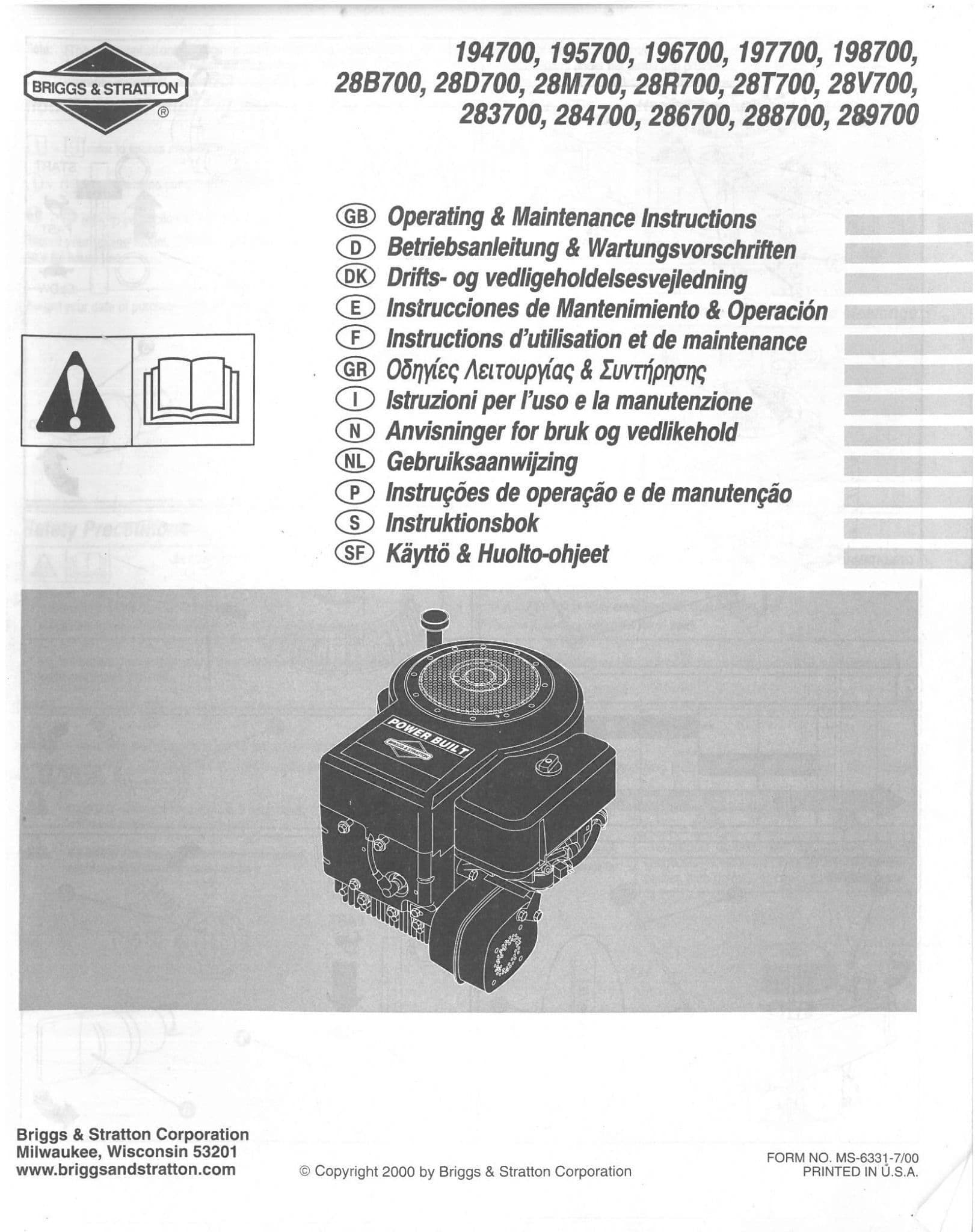 Briggs & Stratton Engine 194700 195700 196700 197700 198700 28B D M R T ...