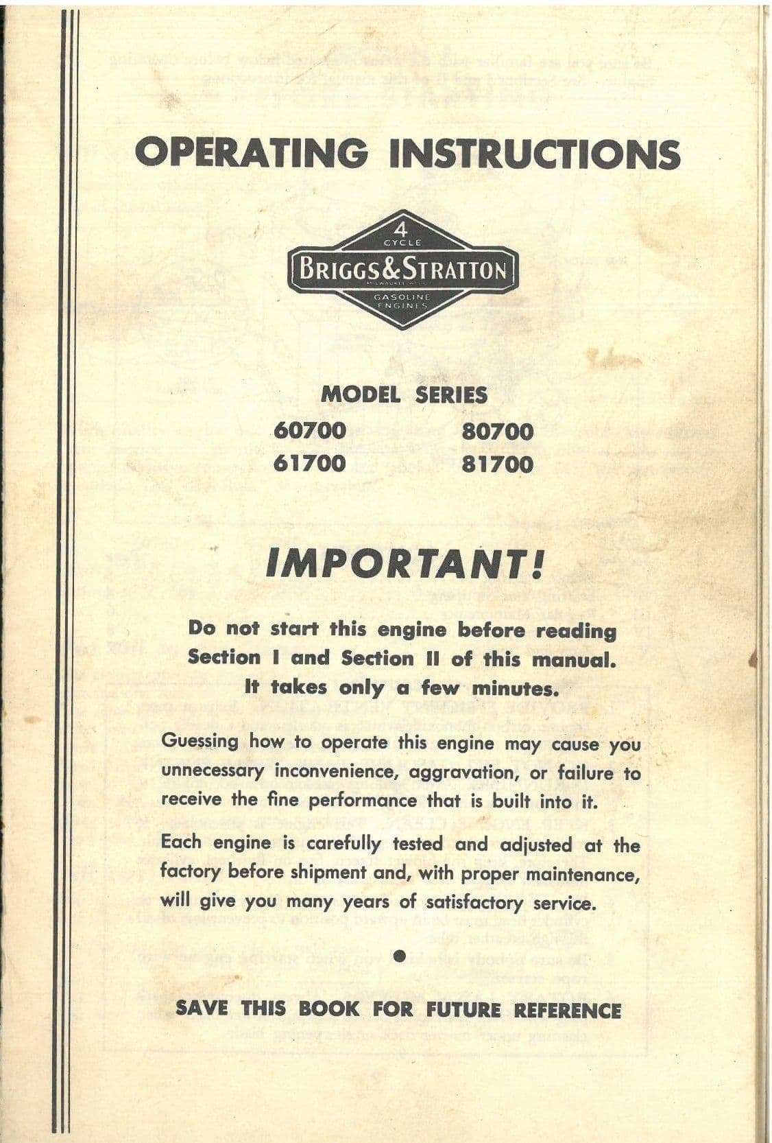 Briggs & Stratton Engines60700 61700 80700 81700 Operators Manual