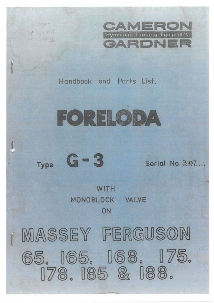 Cameron Gardner Loader Foreloda G-3 Operators Manual & Parts Manual G3