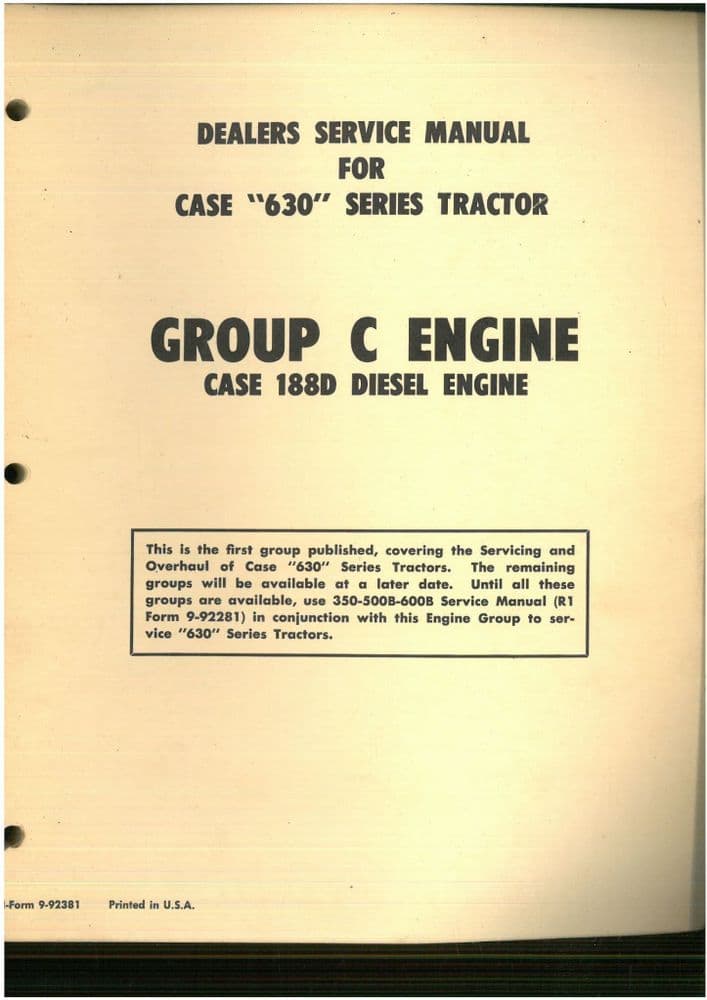 Case Diesel Engine 188D for Case 630 Series Tractor Workshop Service Manual