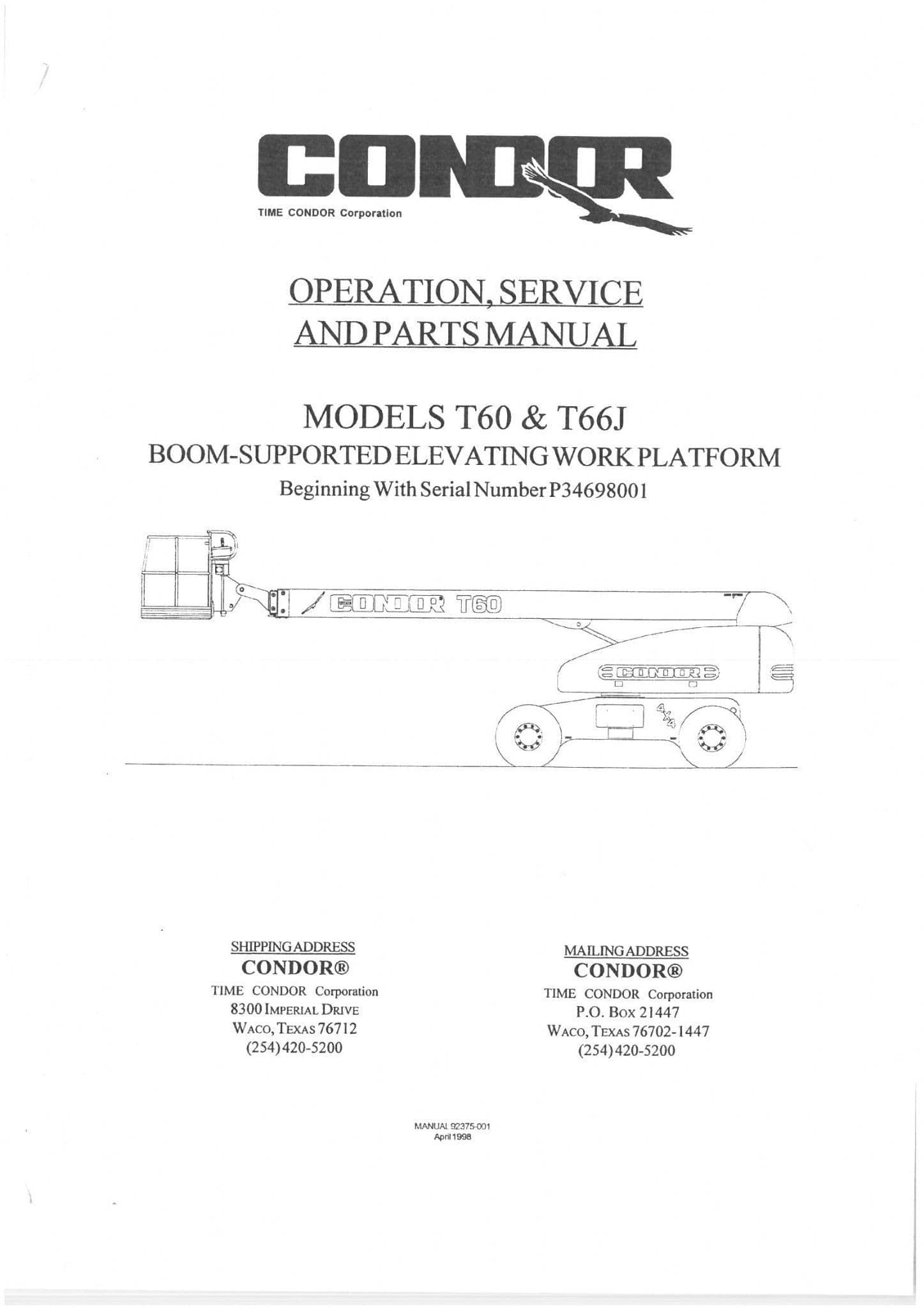 Condor Boom Supported Elevating Work Platform T60 T66J Ops Service and ...