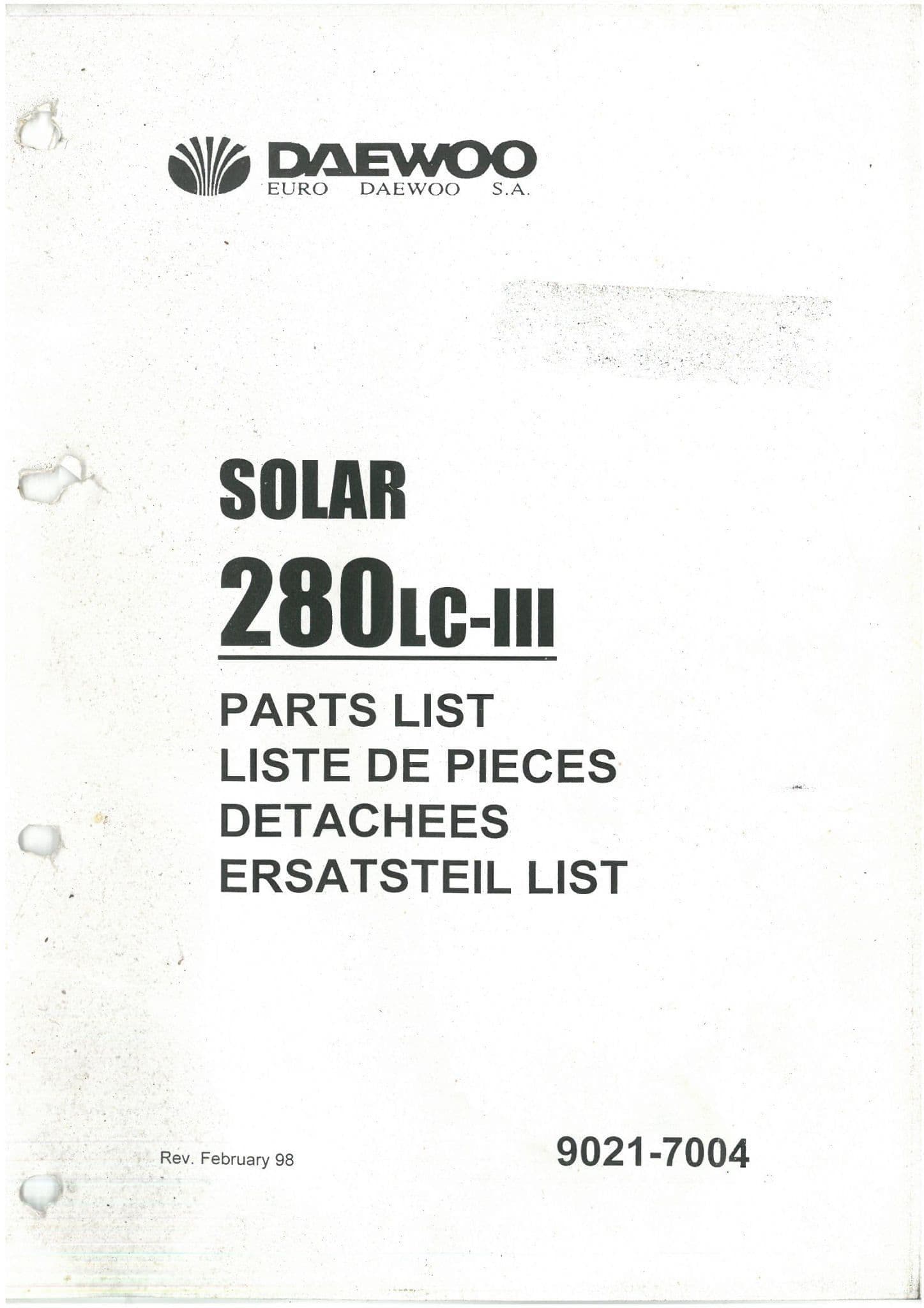 Daewoo Hydraulic Excavator Solar 280LC-III Parts Manual - 280 LC-III