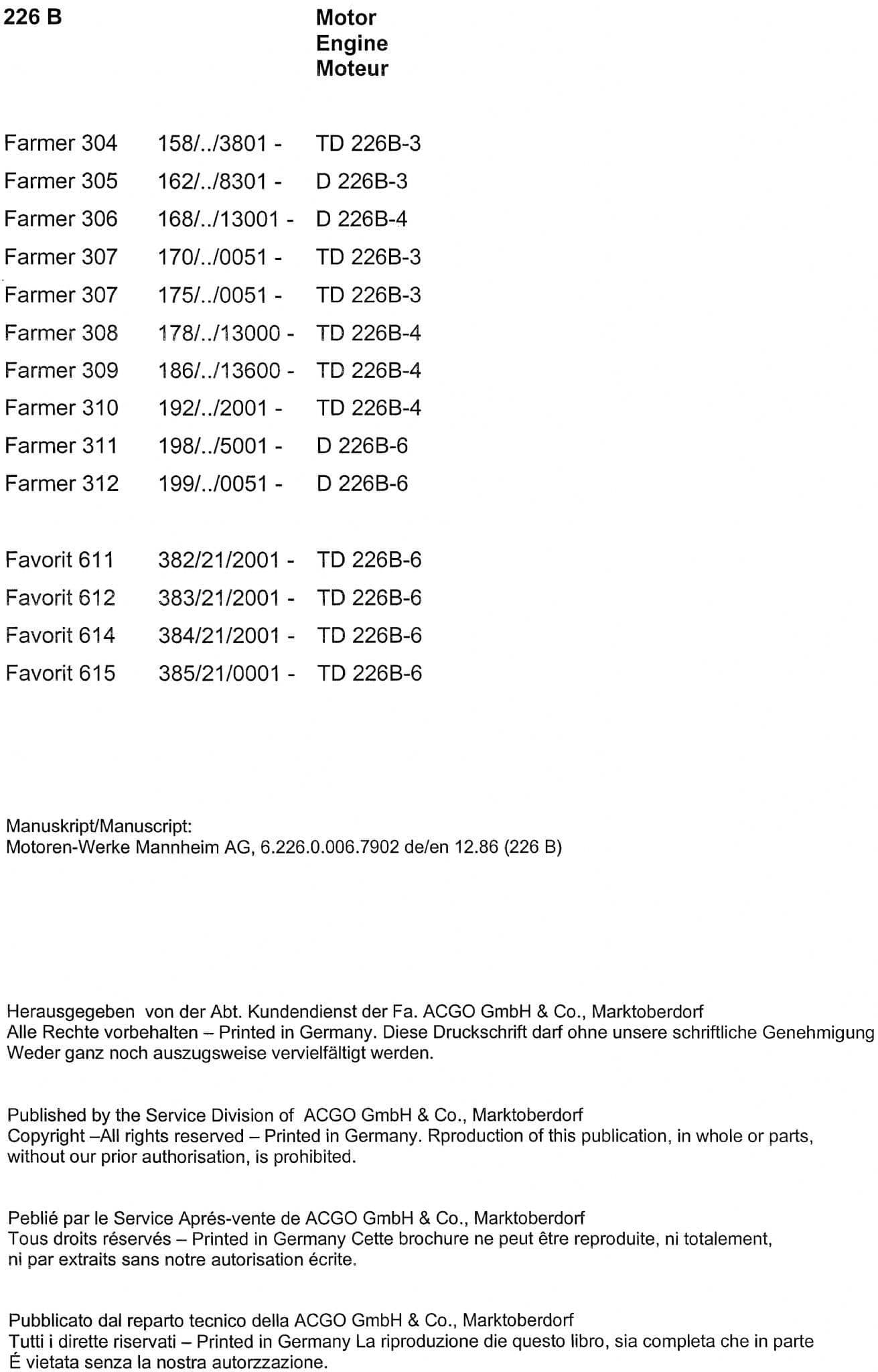 Deutz Engine MWM TD226B D226B 3 4 & 6 Cylinder Service Workshop Manual