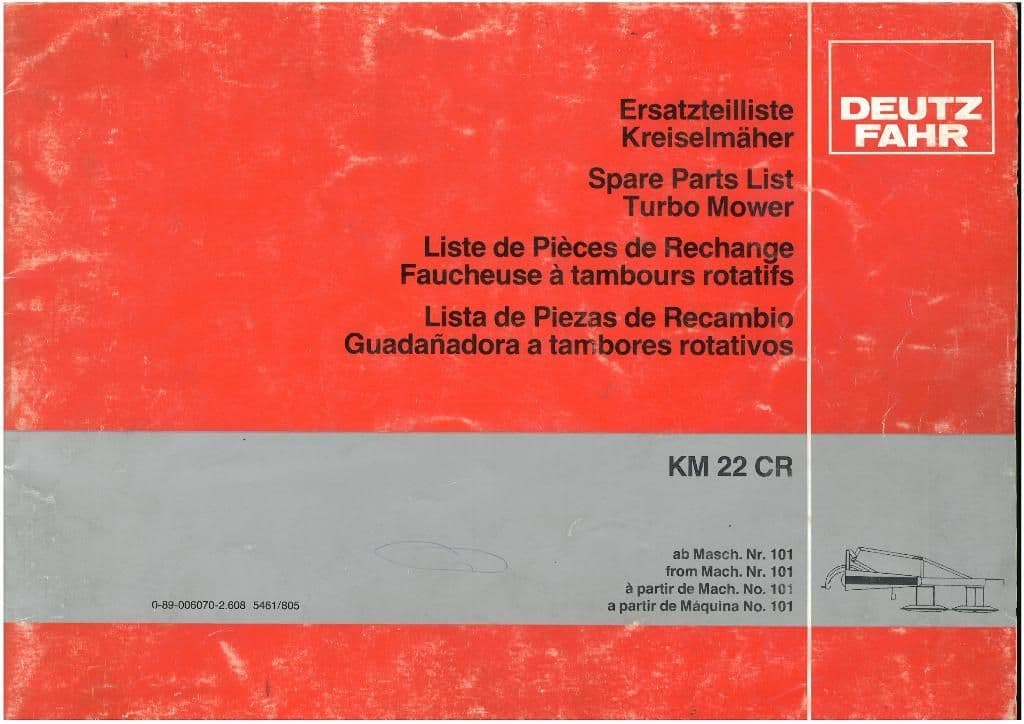 Deutz Fahr KM22 Turbo Mower Parts Manual - KM 22