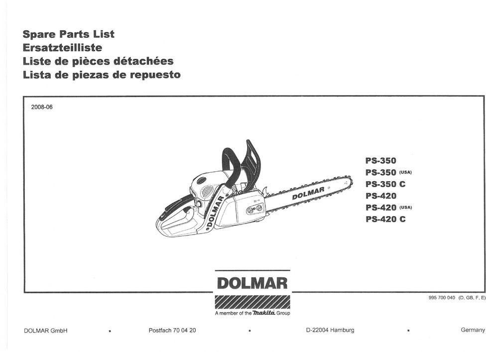 Dolmar Chainsaw PS-350 PS-350 USA PS-350 C PS-420 PS-420 USA PS-420 C ...
