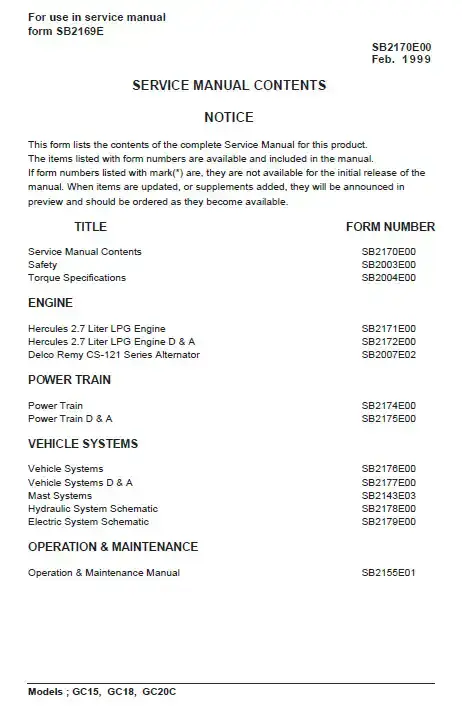 Doosan Forklift Diesel GC15 GC18 GC20C Workshop Service Manual