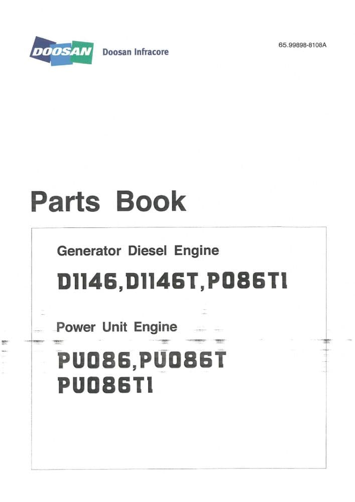 Doosan Generator Diesel Engine D1146 D1146T PO86TI Parts Manual