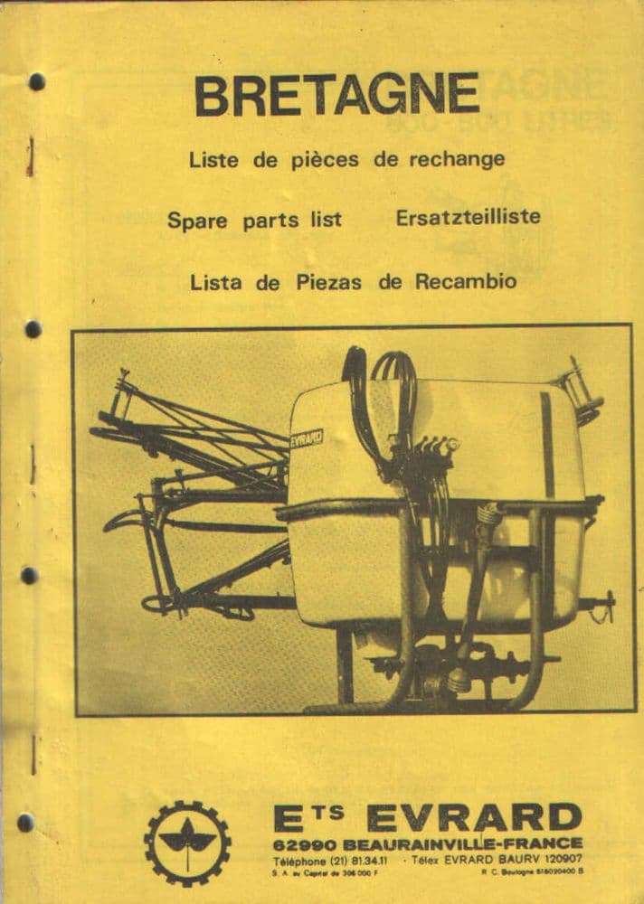 Evrard Mounted Sprayer Bretagne Parts Manual
