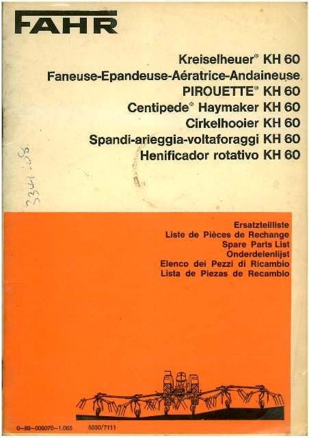 Fahr KH60 Tedder Centipede Haymaker Parts Manual