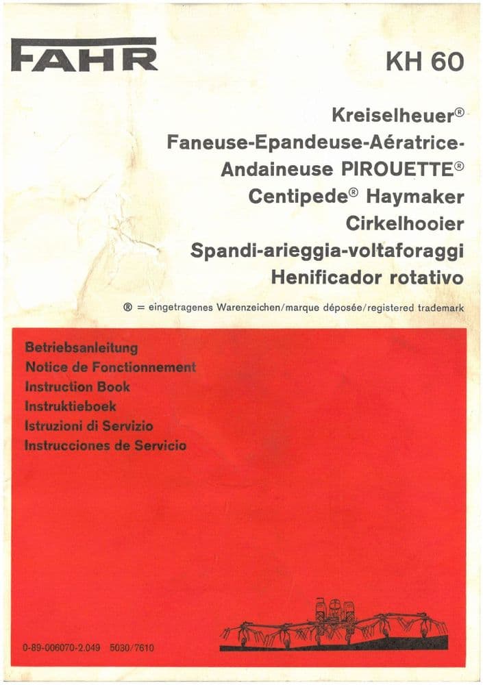 Fahr Tedder Centipede Haymaker KH60 Operators Manual - KH 60