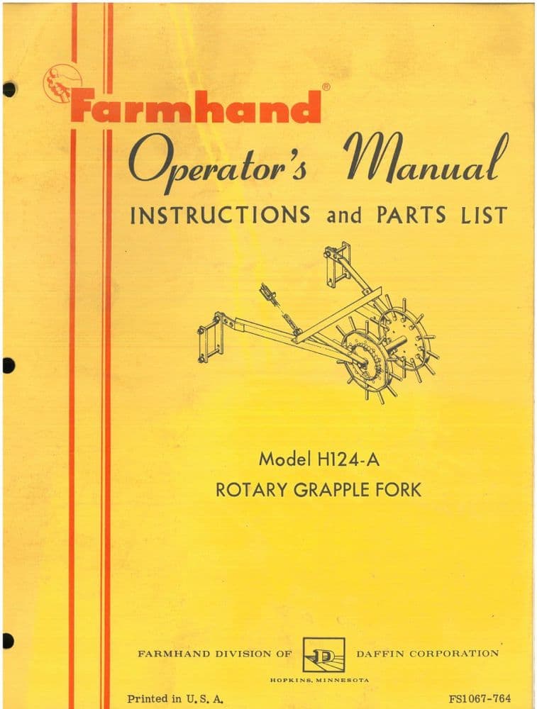 Farmhand Rotary Grapple Fork H124-A Operators & Parts Manual
