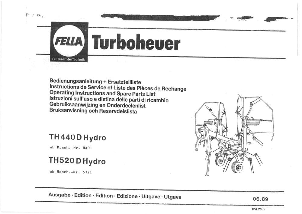 Fella Hay Rake TH440D Hydro TH520D Hydro Operators Manual and Parts List